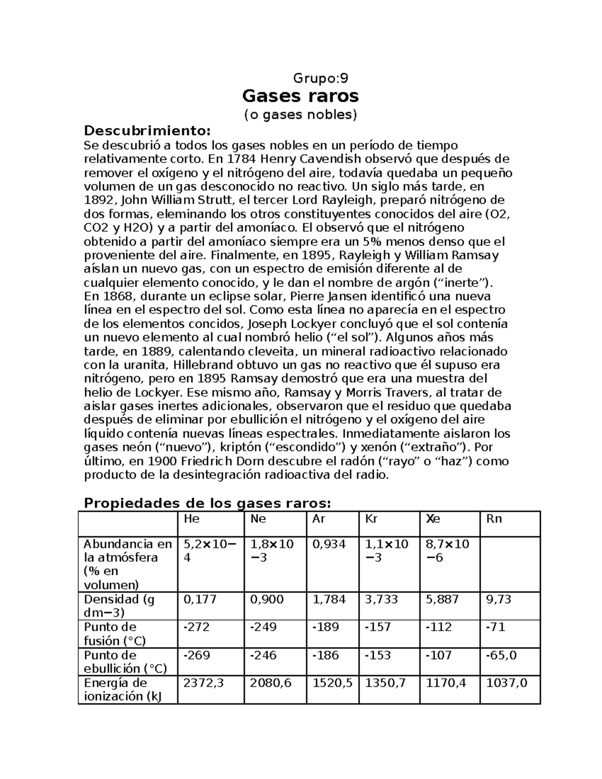 Gases raros - Resumen sobre química inorgánica - Grupo: Gases raros (o ...