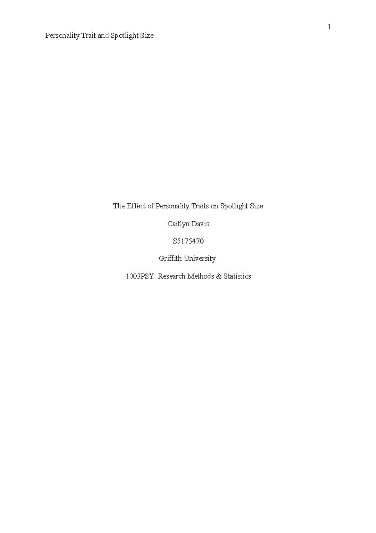 Personality Trait and Spotlight Size- Lab Report - Personality Trait ...