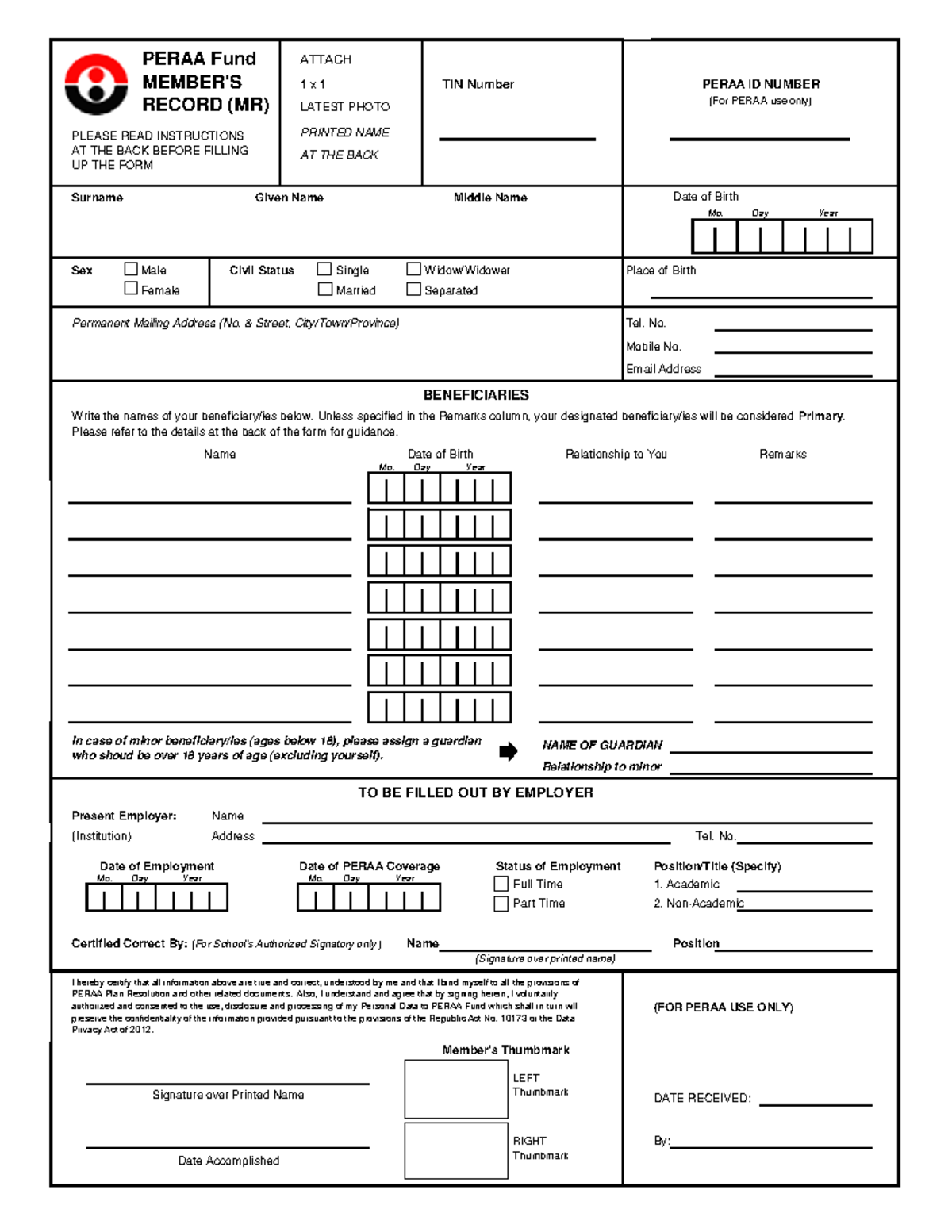 MR Form Oct 2020 - MEMO - PERAA Fund ATTACH MEMBER'S 1 x 1 TIN Number ...