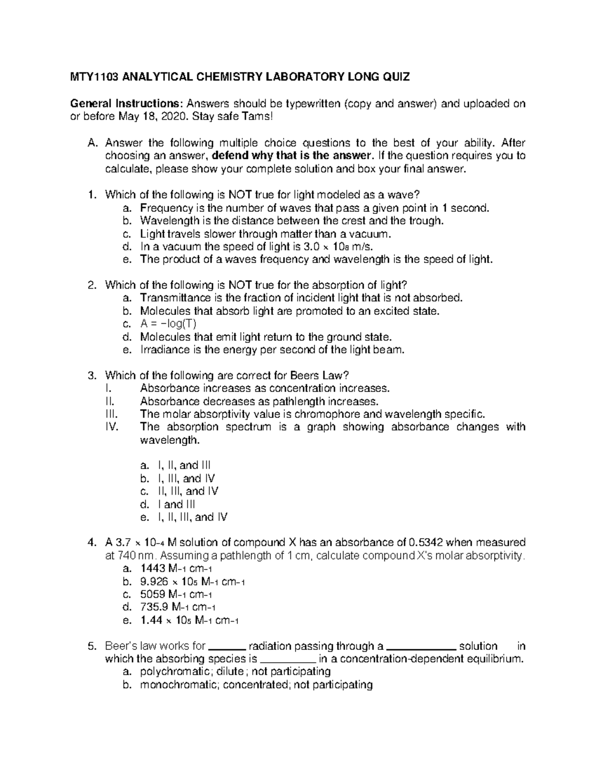 MTY1103 Analytical Chemistry Laboratory LONG QUIZ - MTY1103 ANALYTICAL ...