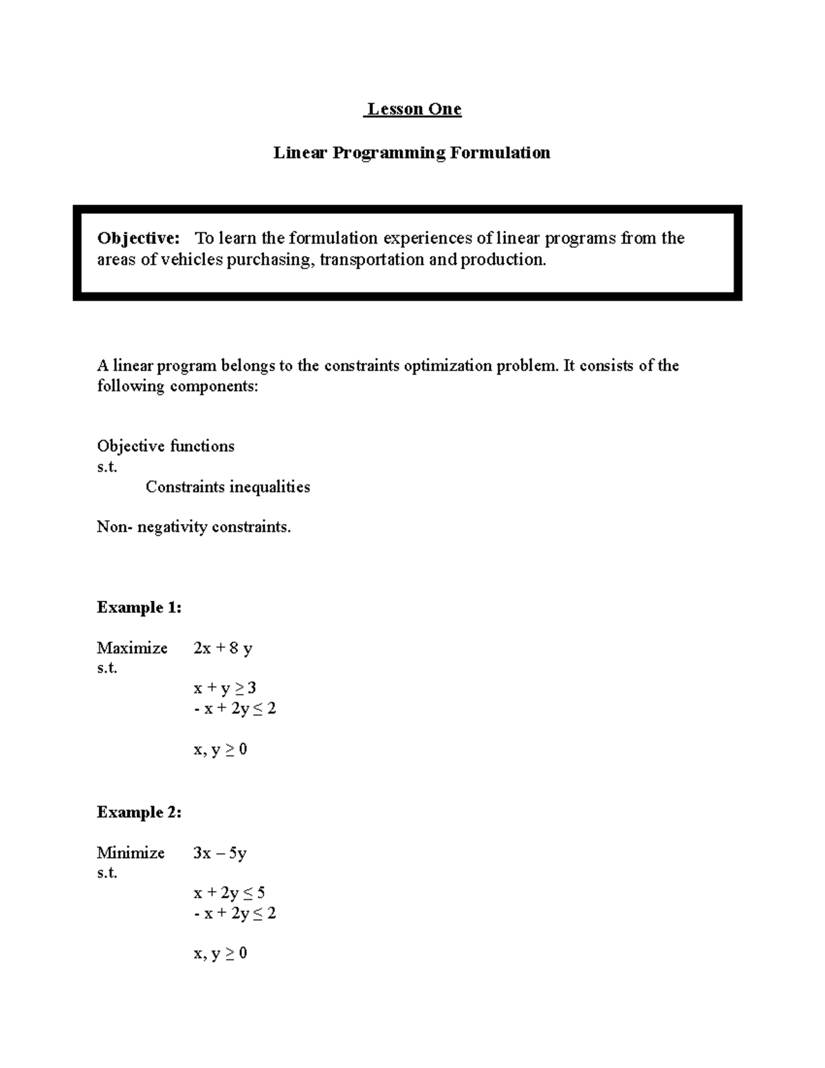 BL225 Examples Of Linear Program Formulation Lesson One Linear bl225-examples-of-linear-program-formulation-lesson-one-linear
