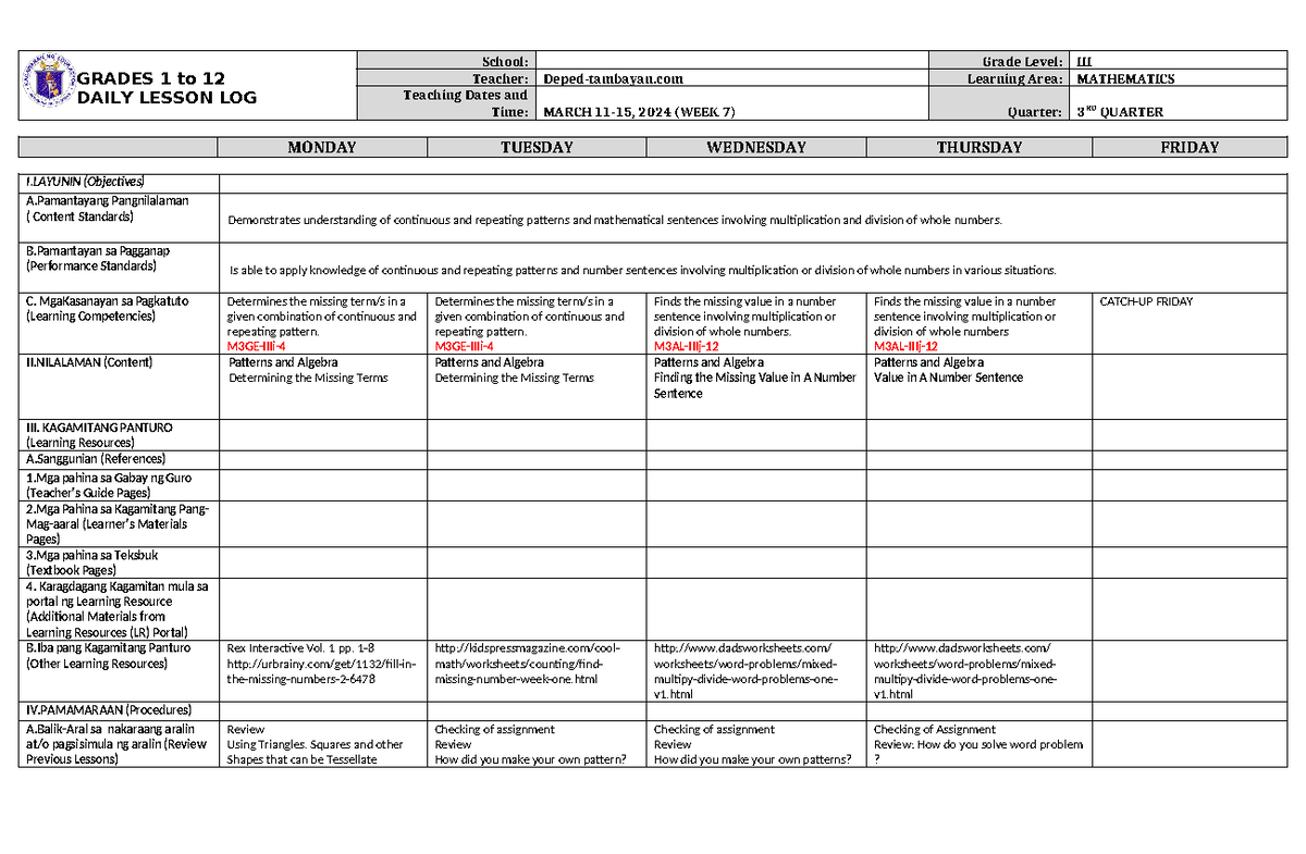 DLL Mathematics 3 Q3 W7 - GRADES 1 to 12 DAILY LESSON LOG School: Grade ...