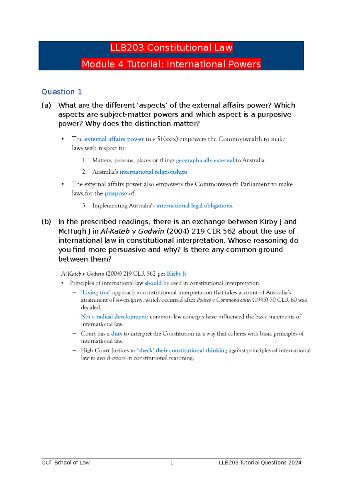 Module 4 Tutorial Questions - International Powers - LLB203 ...
