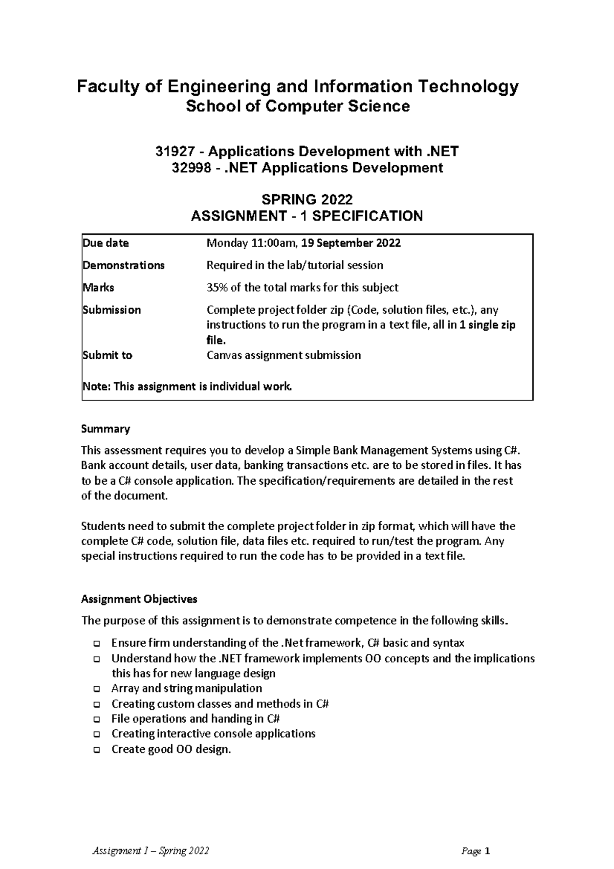 Assignment 1 Specification-2022 - Faculty of Engineering and Information Technology School of ...