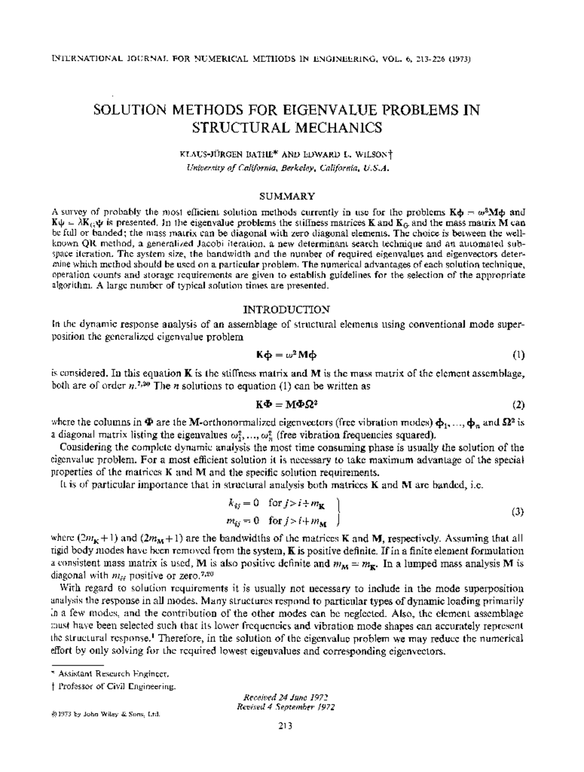Methods for Eigenvalue Problems in Structural Mechanics - INTERNATIONAL JOURNAL FOR NUMERICAL ...