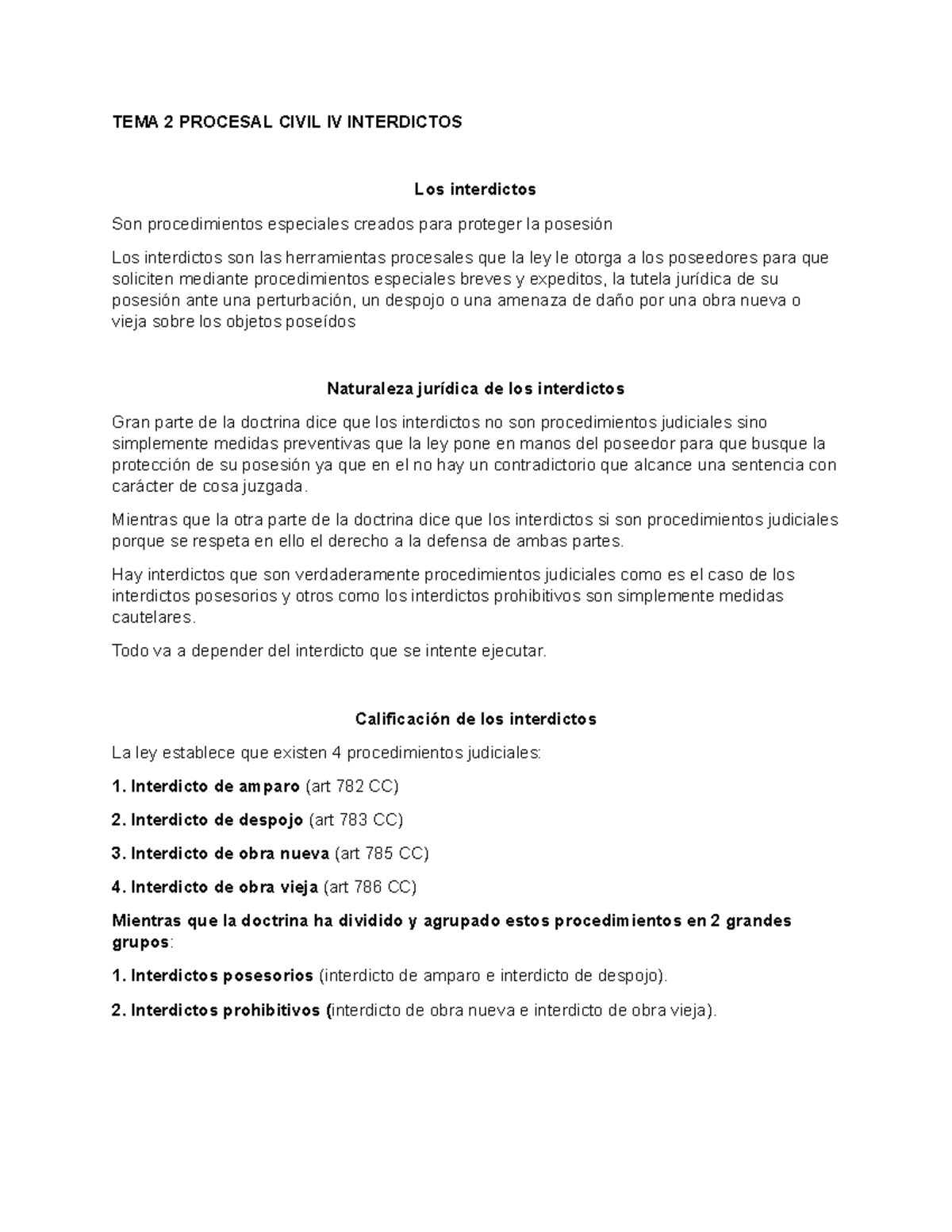 TEMA 2 procesal civil IV - TEMA 2 PROCESAL CIVIL IV INTERDICTOS Los ...