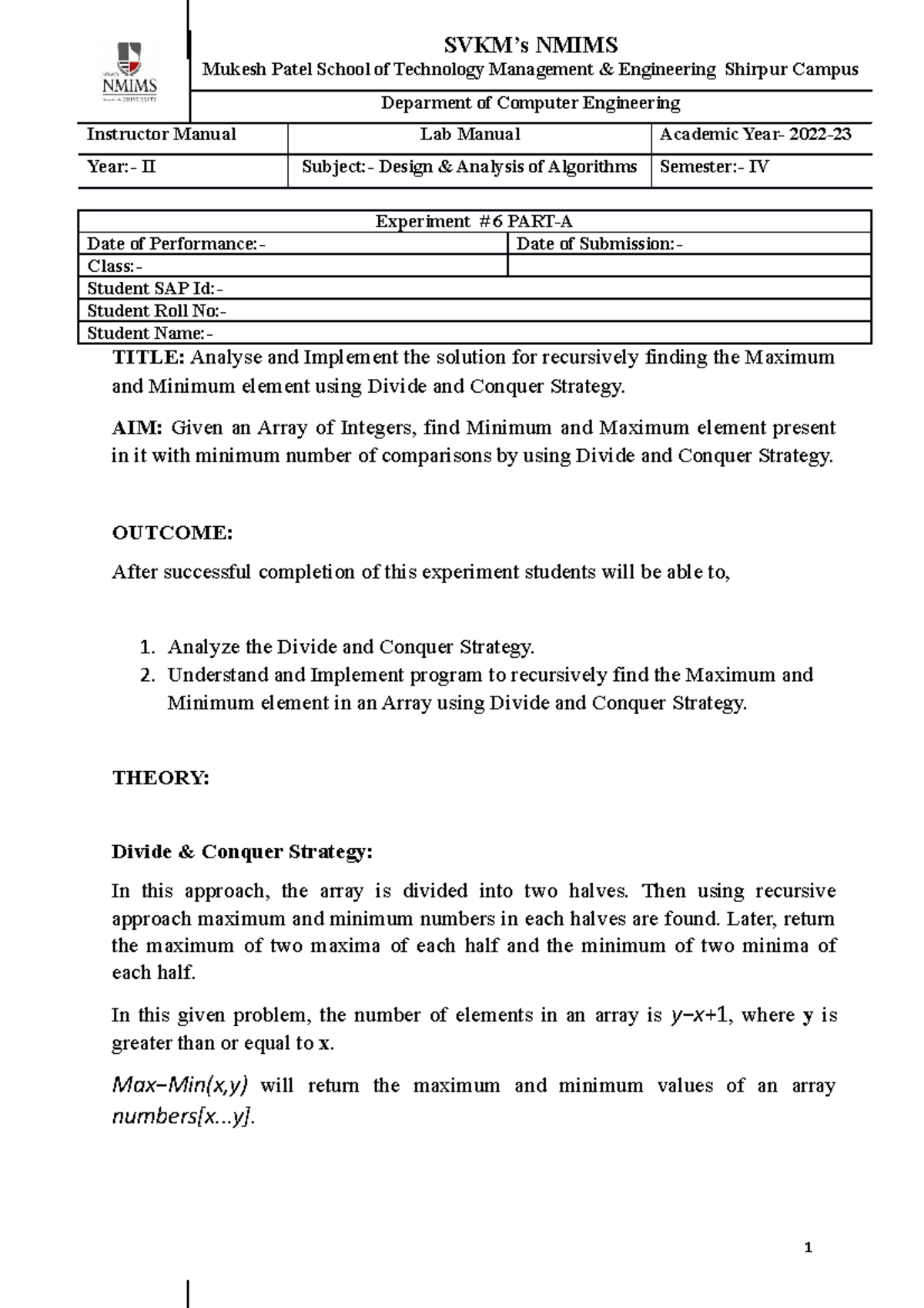 DAA Experiment 06 LAB Manual PART A - SVKM’s NMIMS Mukesh Patel School ...