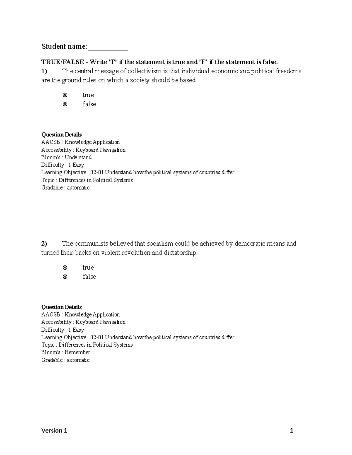 Business 2 Version 1 Student Name TRUE FALSE Write T business-2-version-1-student-name-true-false-write-t