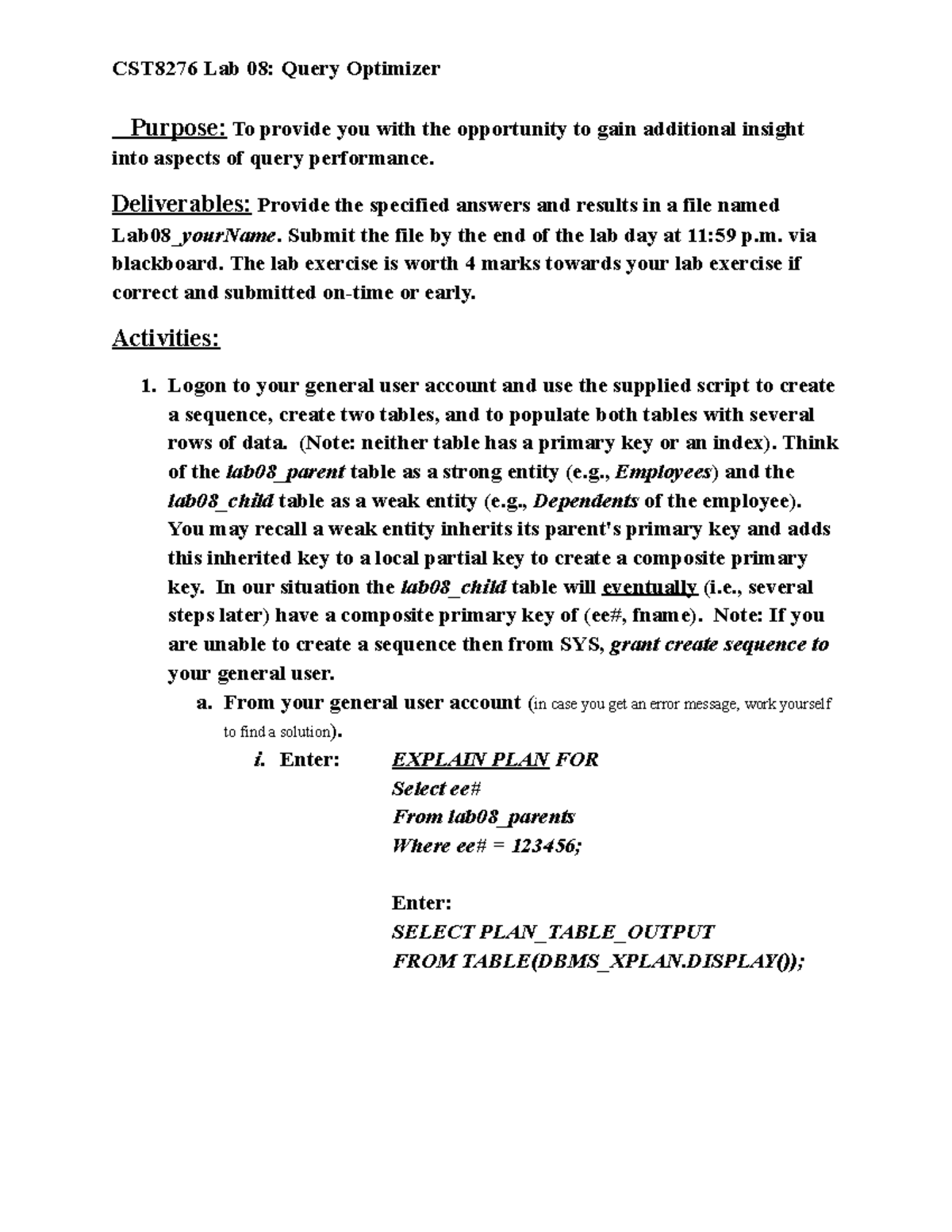 Lab08 Cst8276 Lab 08 Query Optimizer Purpose To Provide You With The Opportunity To Gain