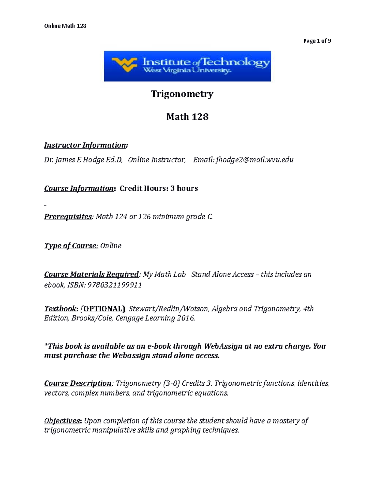 UTF-8''Math 128Syllabus - Page 1 of 9 Trigonometry Math 128 Instructor ...