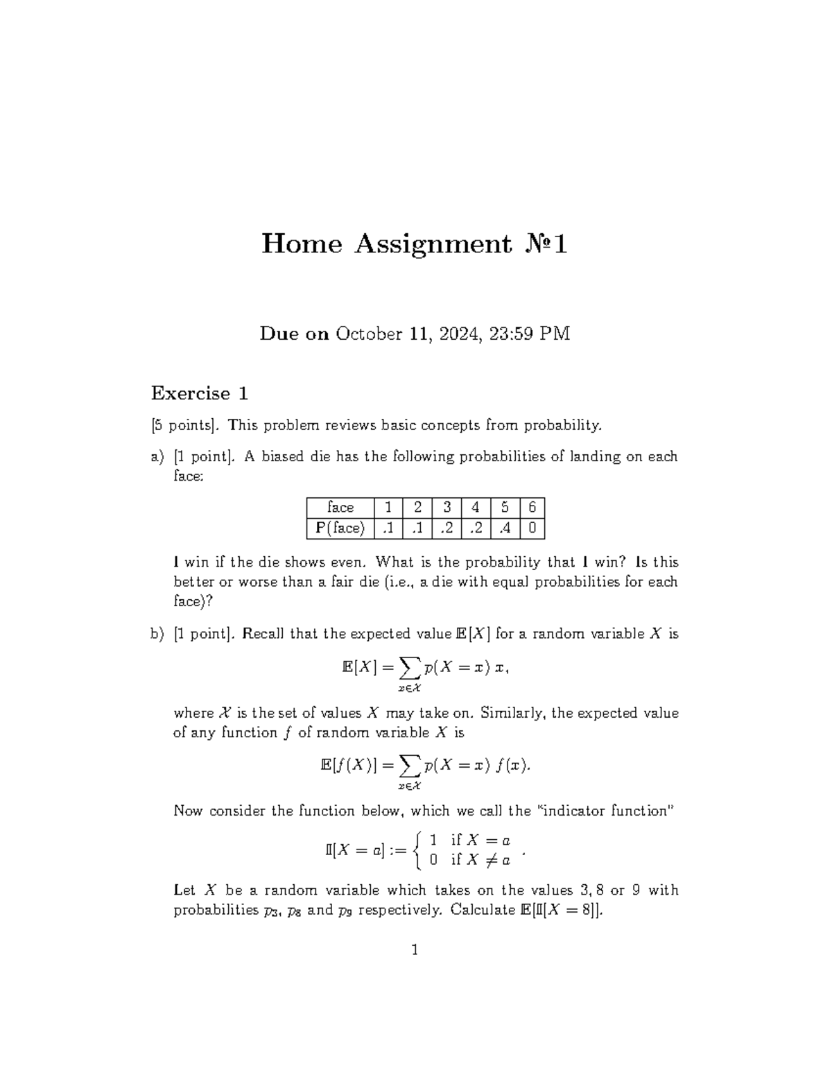 Home Assignments 1 - www - Home Assignment No 1 Due on October 11, 2024, 23:59 PM Exercise 1 [5 ...