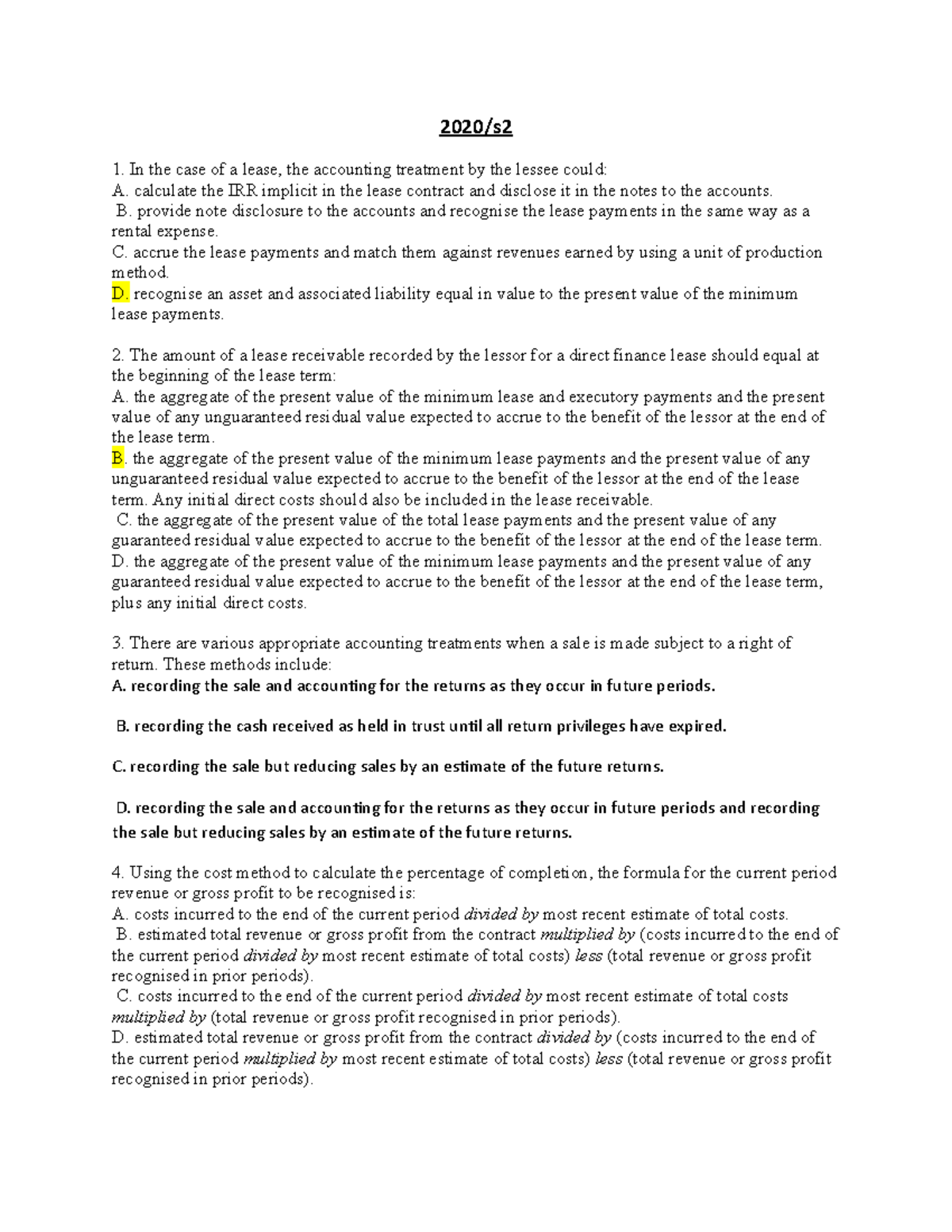AF210 past years multiple choice - 2020/s In the case of a lease, the ...