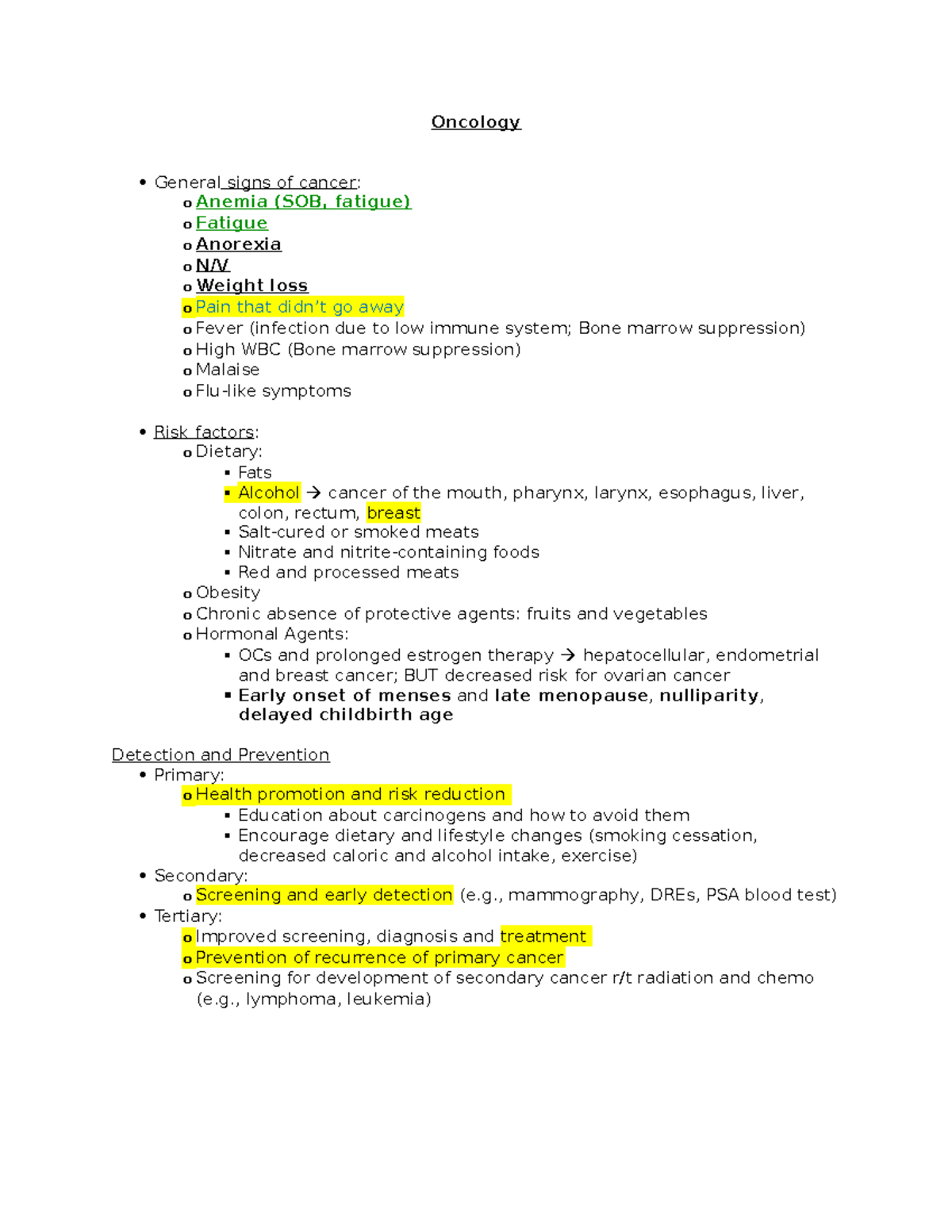 Revised test 2 study guide - Oncology General signs of cancer: oAnemia ...
