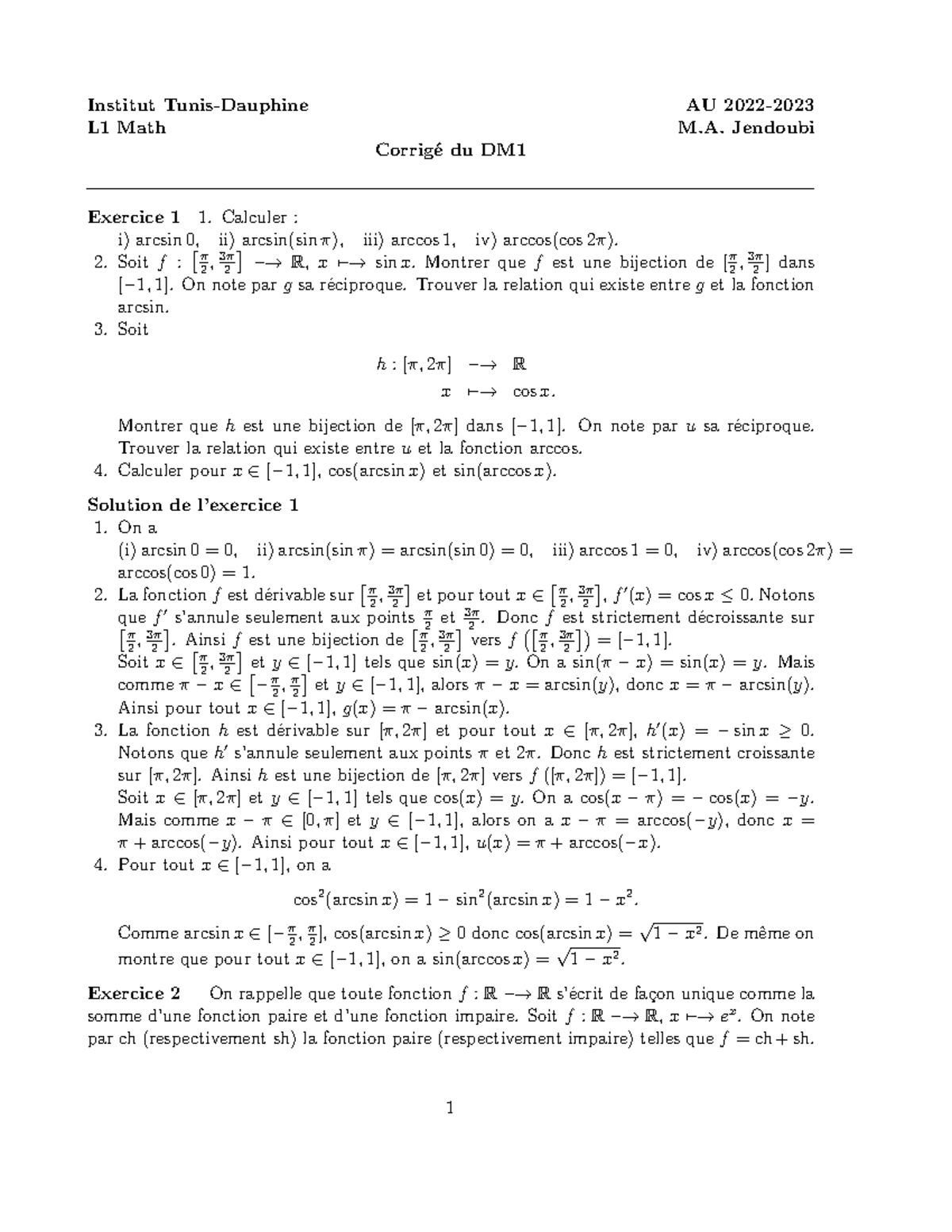 DM1 L1Math 22 23Corrige - Institut Tunis-Dauphine AU 2022- L1 Math M ...