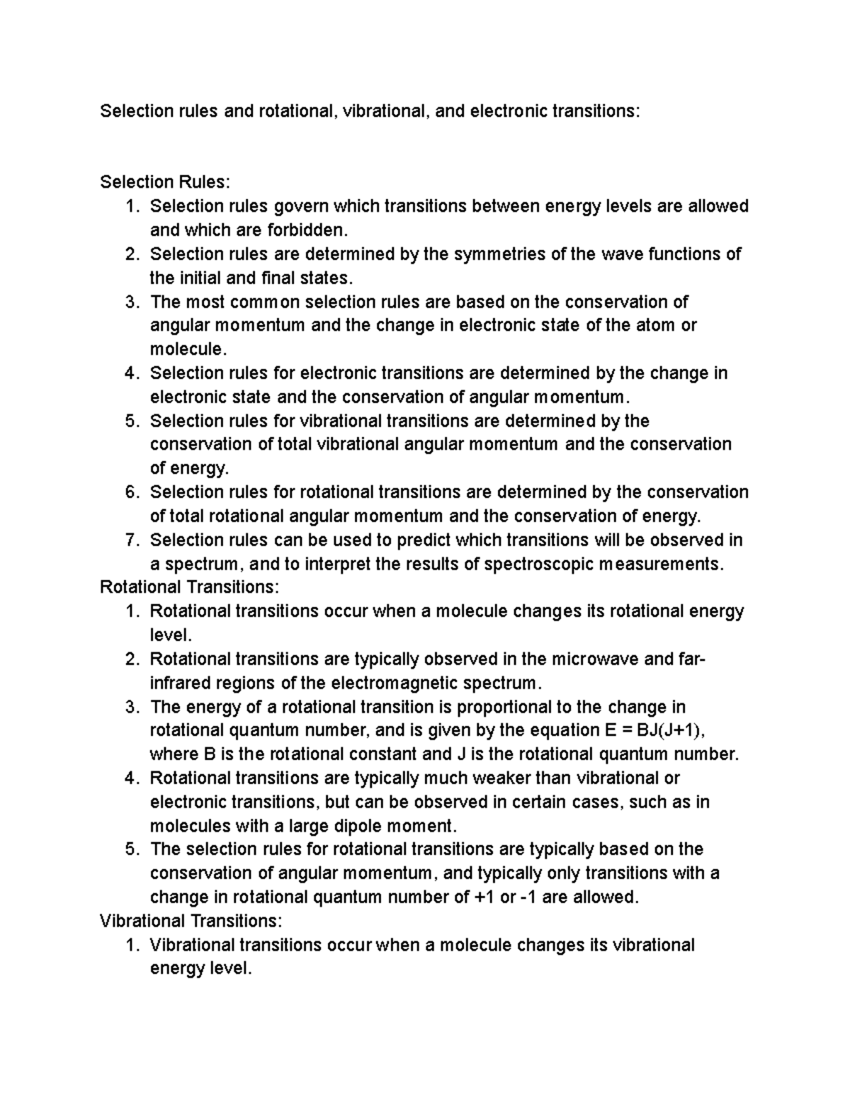 Selection rules and rotational, vibrational, and electronic transitions - Selection rules govern ...