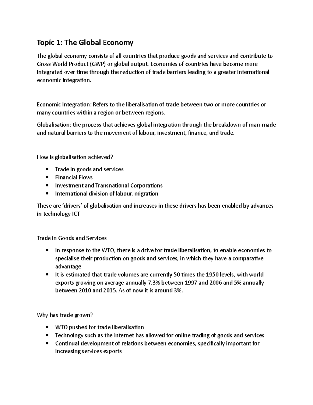 Topic 1-Globalisation Notes - Topic 1: The Global Economy The global ...