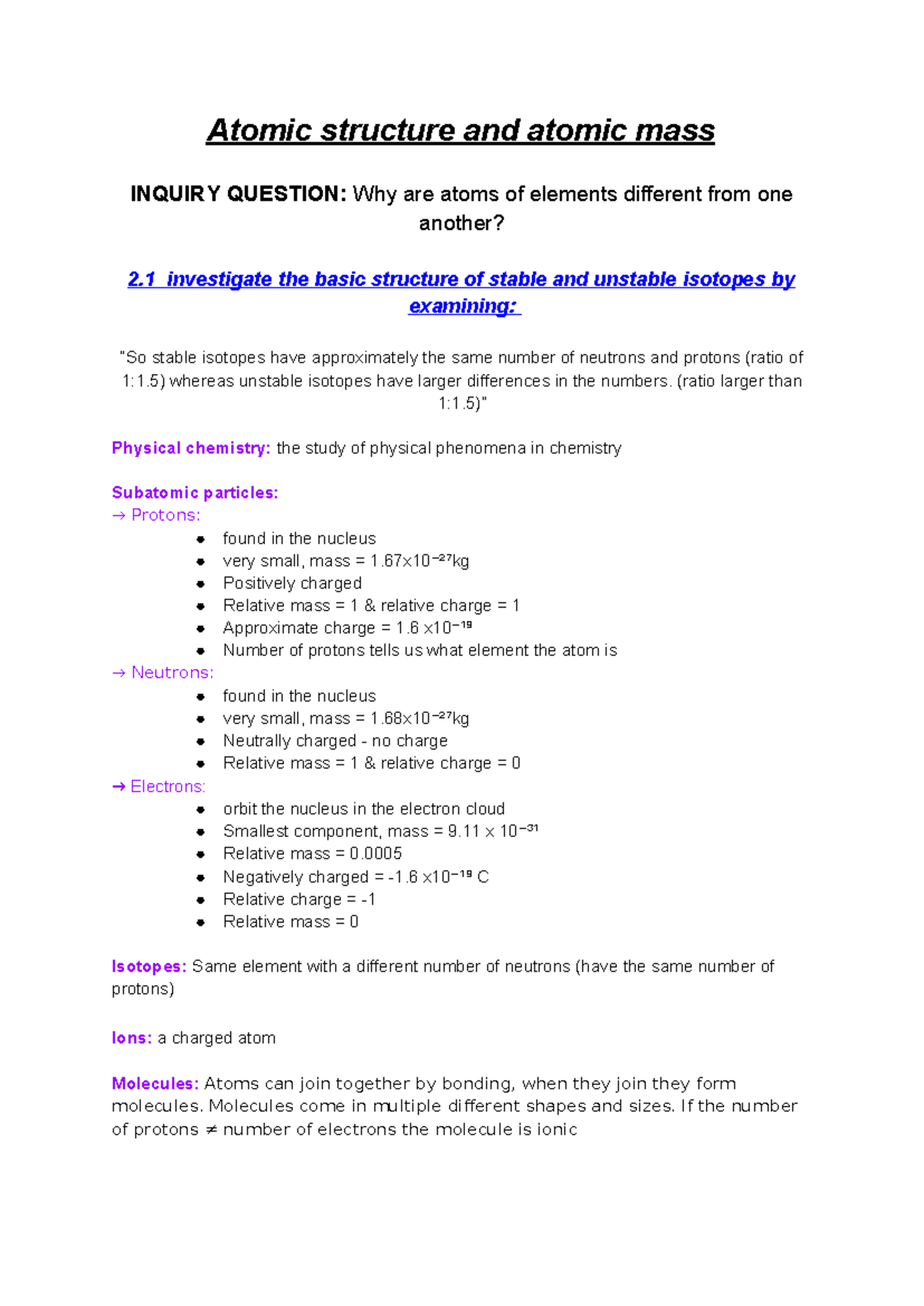 Summary Notes Atomic Structure AND Atomic MASS - Atomic structure and ...