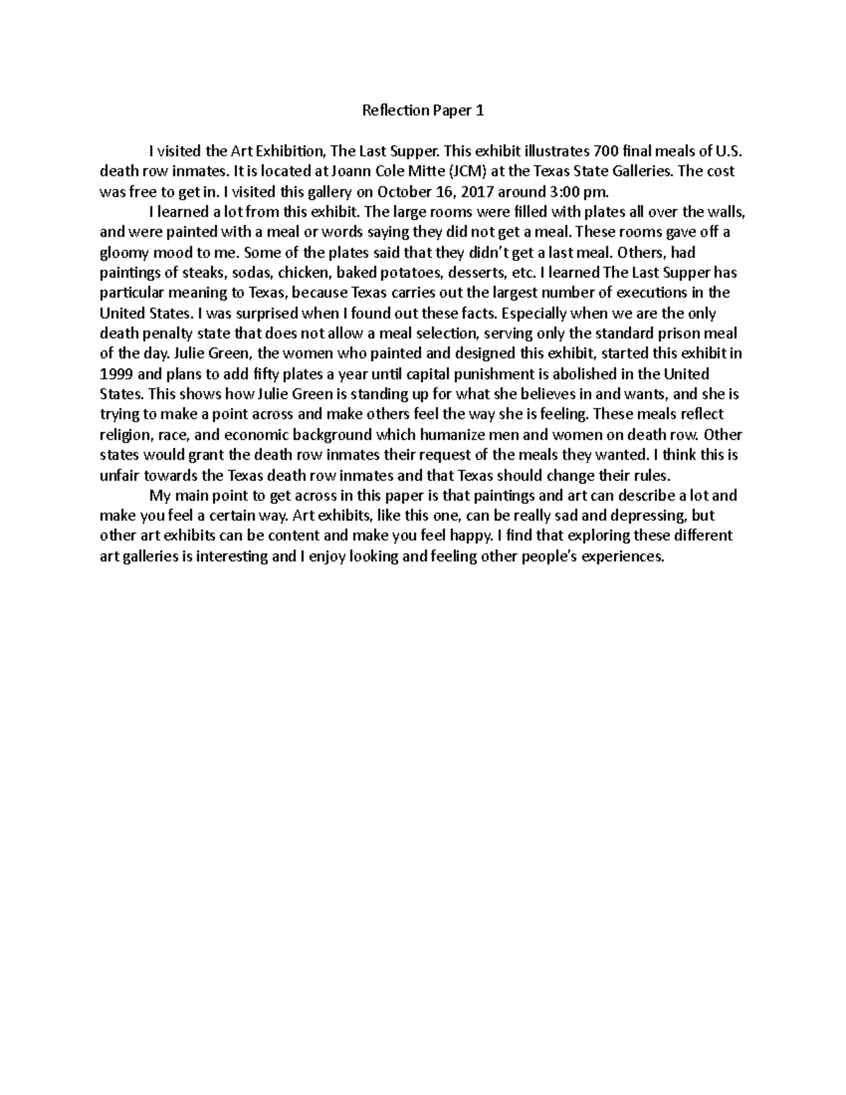 Reflection Paper 1 - Grade: A - Reflection Paper 1 I visited the Art ...