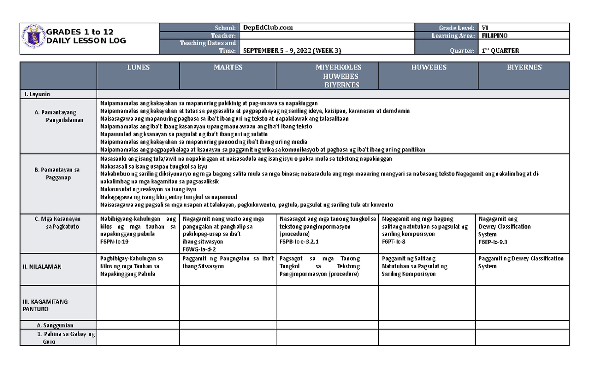 DLL Filipino-6 Q1 W3 - DAILY LESSON LOG FOR AP - GRADES 1 to 12 DAILY LESSON LOG School ...