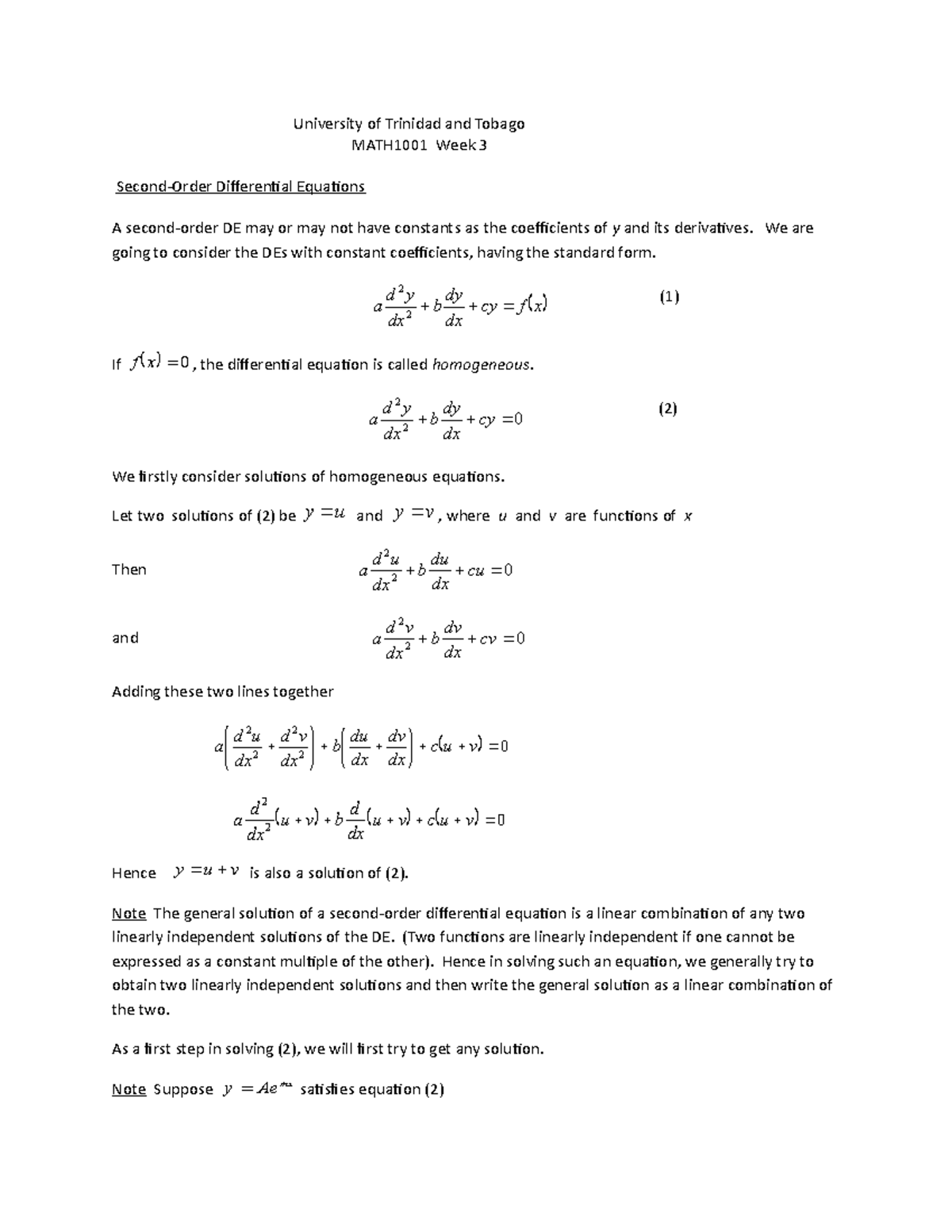 UTT MATH1001 Week 3 Notes - University of Trinidad and Tobago MATH1001 ...