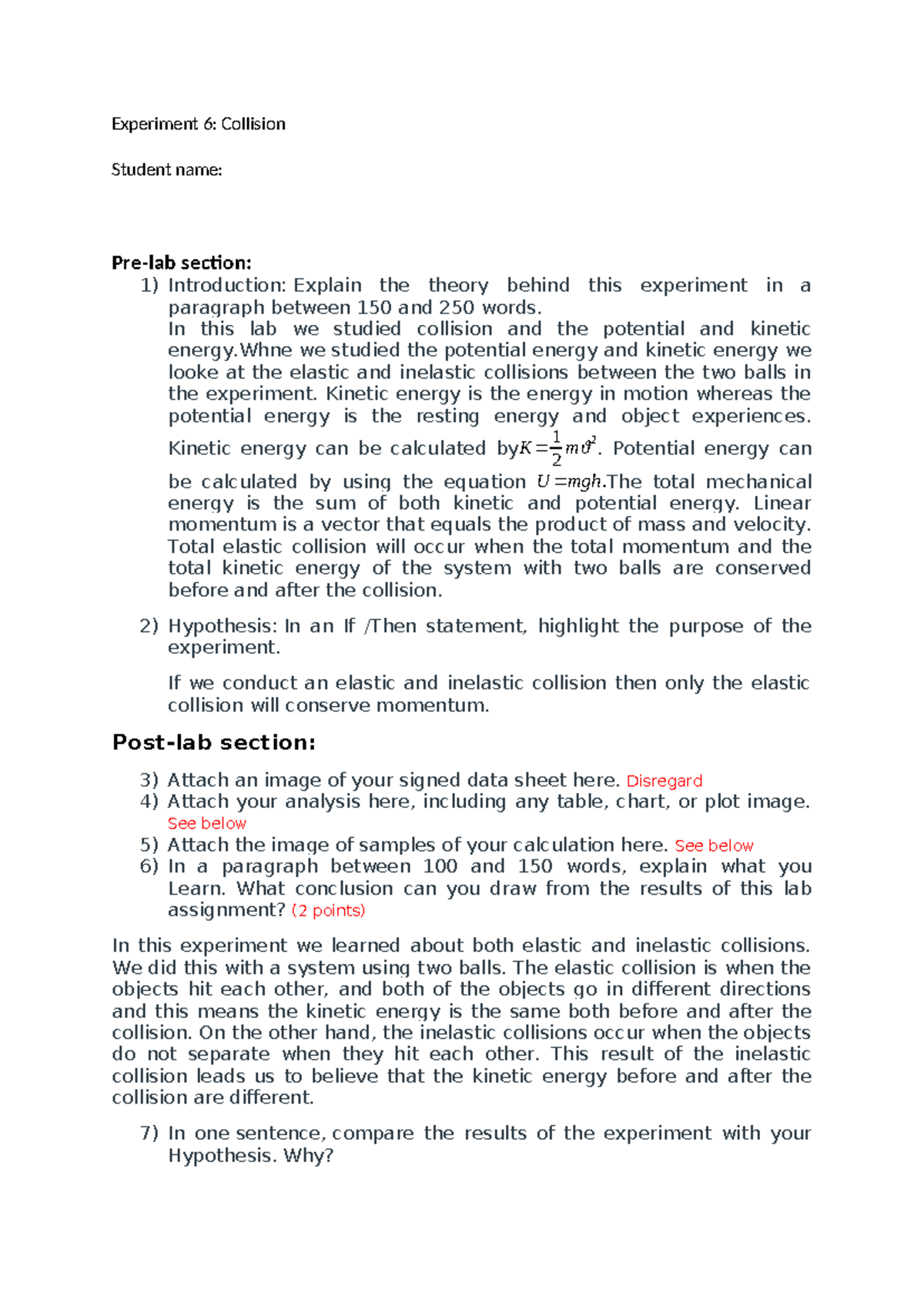 Report 6 Experiment 6 Collision Student Name Pre Lab Section