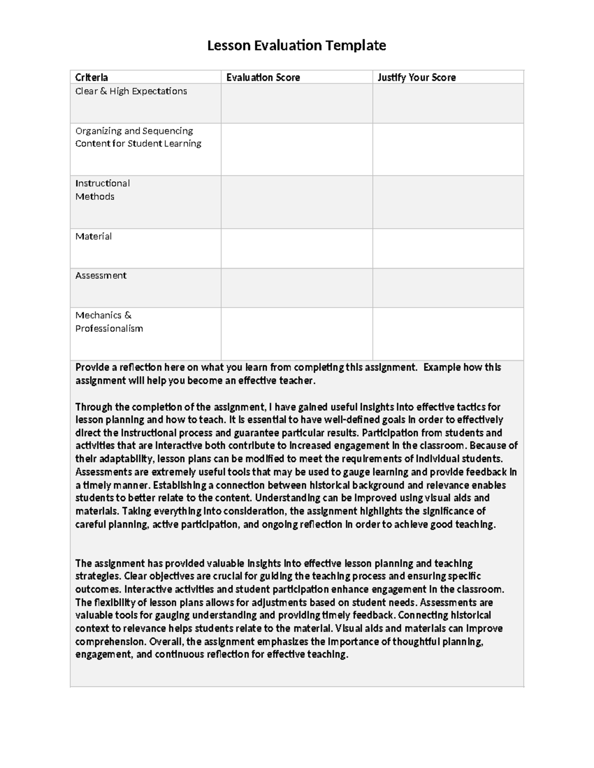 WK6 Evaluating an Effective Lesson Plan Template - Lesson Evaluation Template Criteria ...