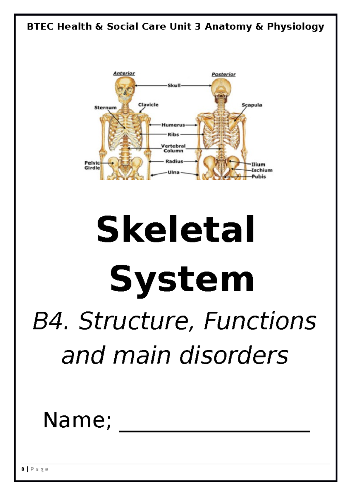 BTEC Health Social Care Unit 3 Anatomy Physiology Skeletal System B4 ...