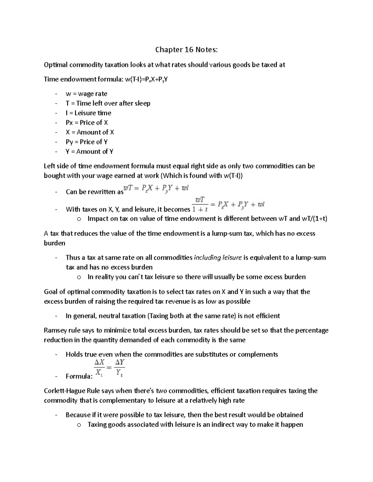 Chapter 16 Notes - Chapter 16 Notes: Optimal commodity taxation looks ...