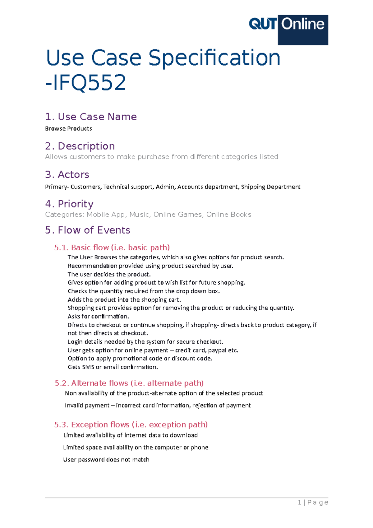 IFQ552 Use Case Specification template - Use Case Specification -IFQ 1 ...