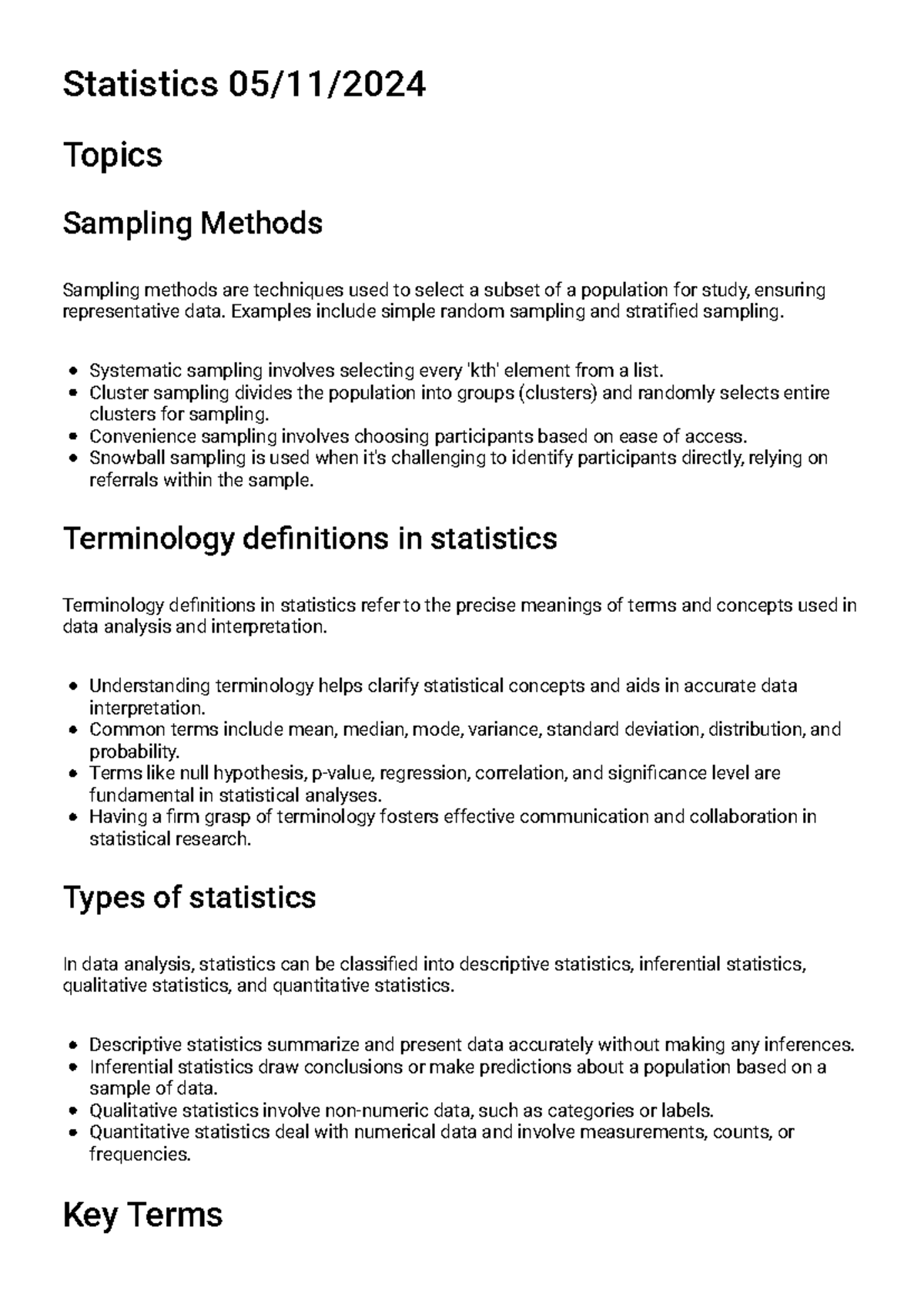Statistics 05112024-Study Guide - Statistics 05/11/ Topics Sampling ...