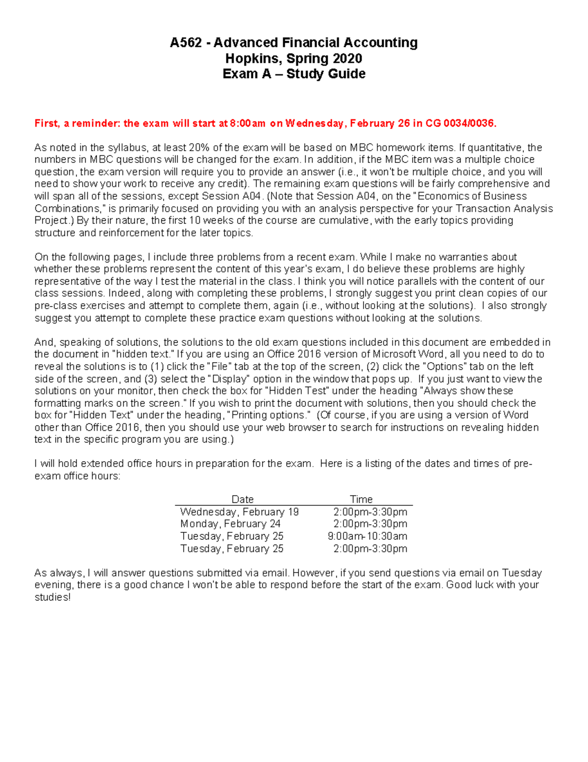 2020 spring - a562 - midterm A - study guide - A562 - Advanced ...