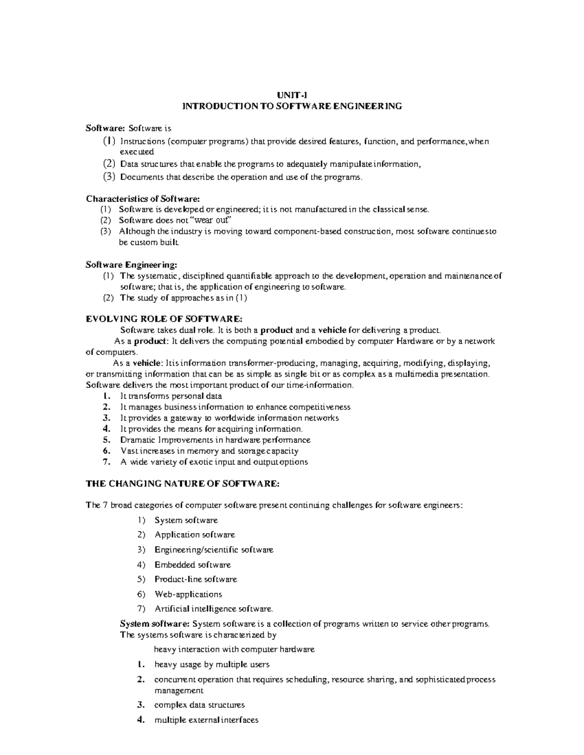 CSE 6th Sem - SE - UNIT-I INTRODUCTION TO SOFTWARE ENGINEERING Software ...