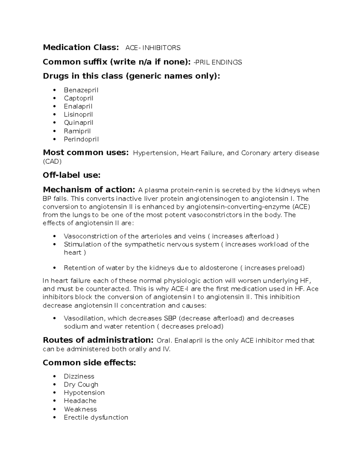 ACE Inhib. DRUG CARD - Medication Class: ACE- INHIBITORS Common suffix ...