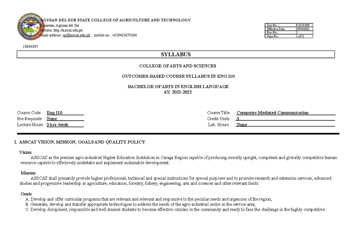 Syllabus Eng 110 CMC - None - SYLLABUS COLLEGE OF ARTS AND SCIENCES ...