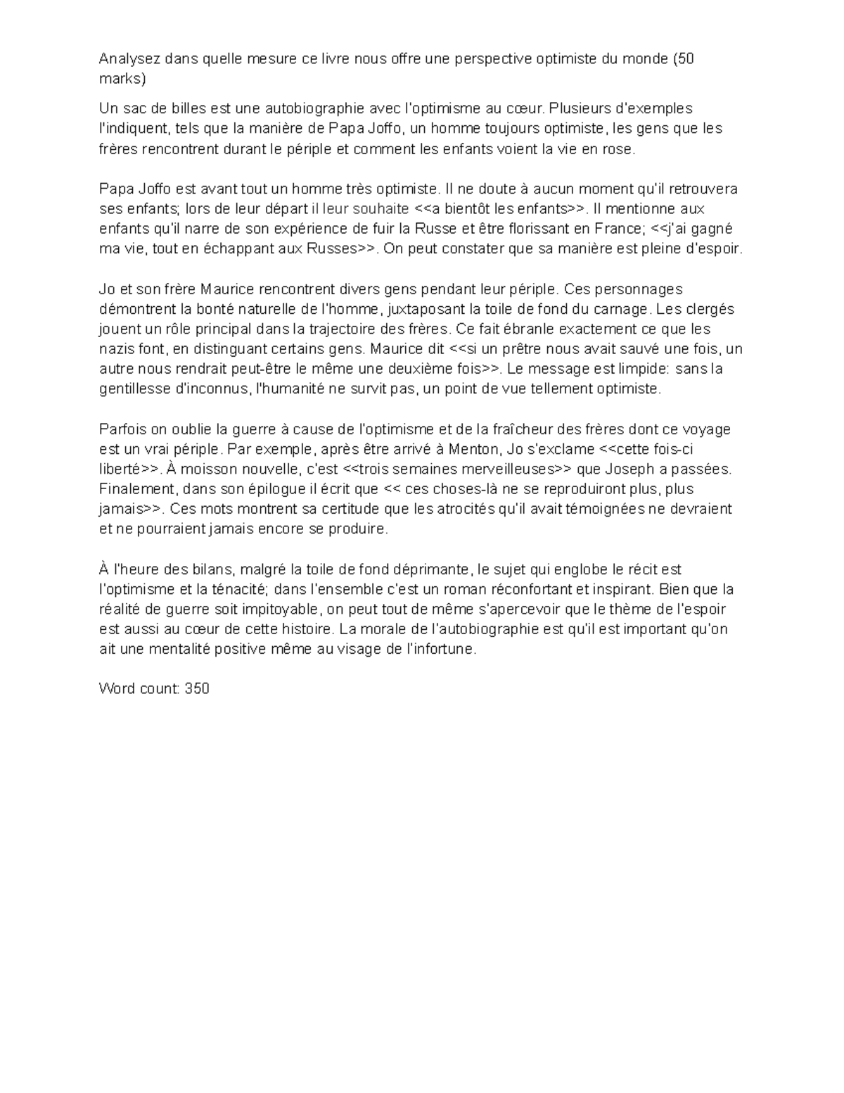 Un sac de billes A Level practice essay - Analysez dans quelle mesure ...