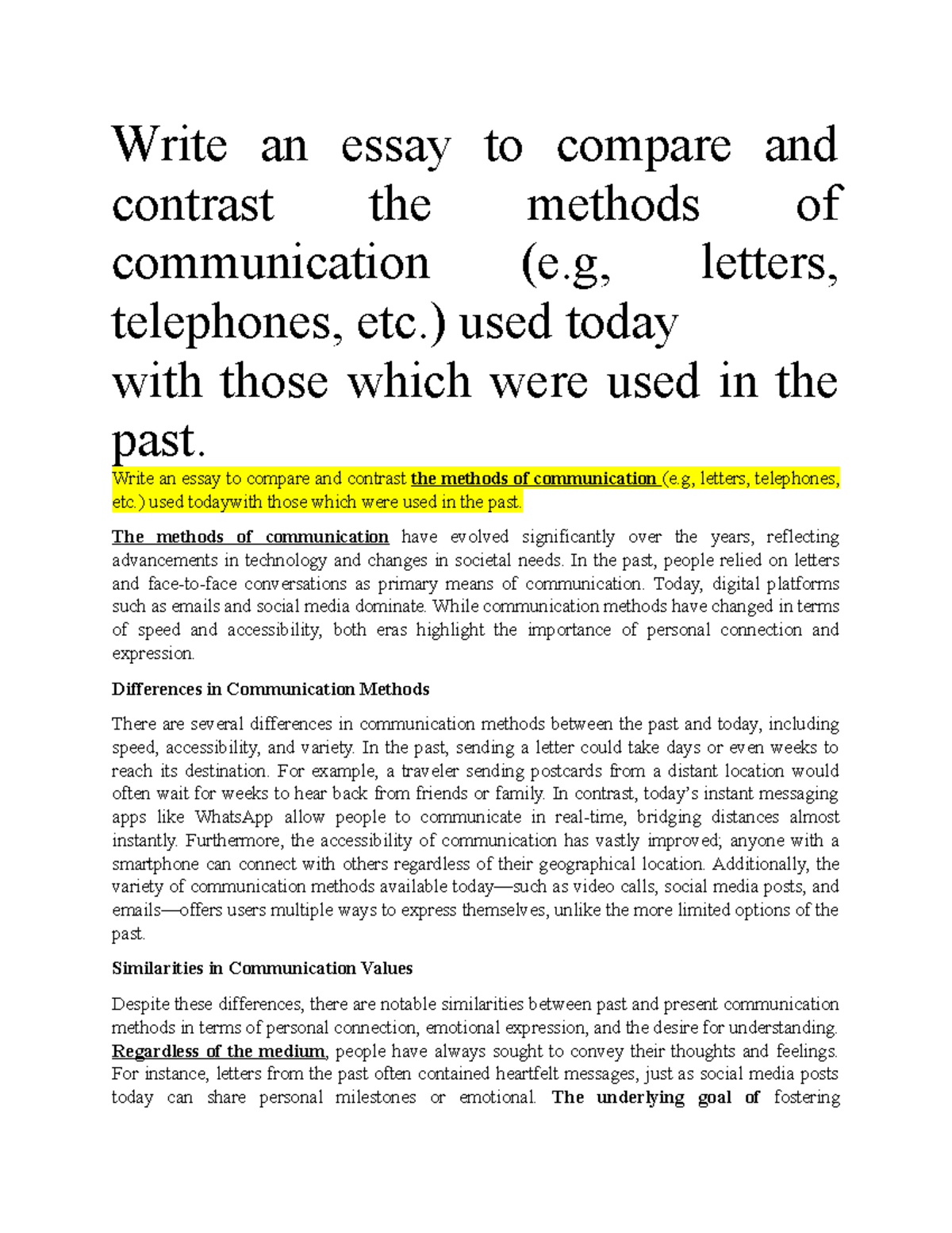 WRI AE2 MID - Writing AE2 - Write an essay to compare and contrast the methods of communication ...