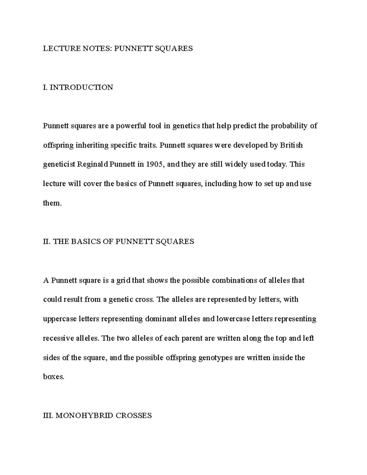 Punnett Squares - Google Docs - LECTURE NOTES: PUNNETT SQUARES I ...