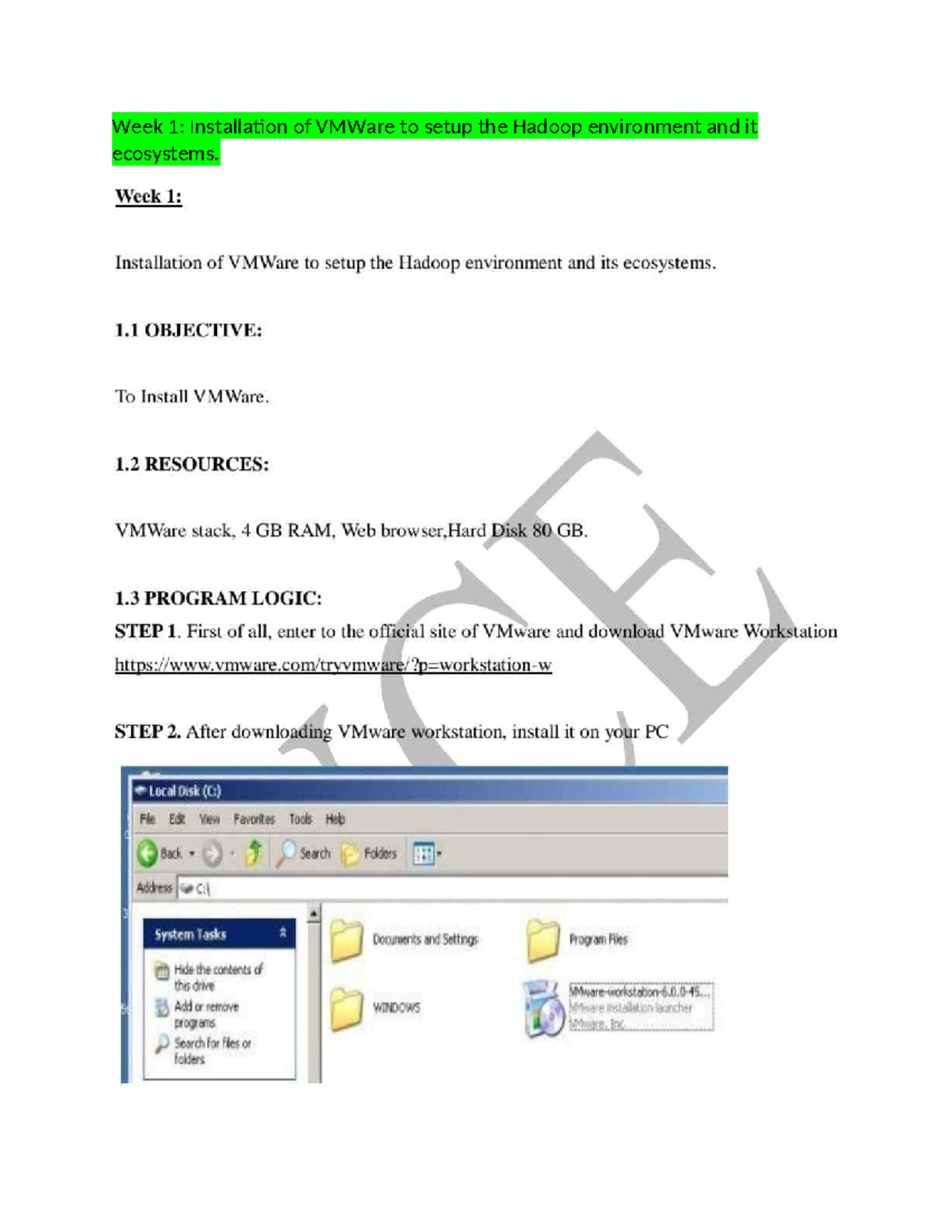 BigData Analytics LAB Manual - Week 1: Installation of VMWare to setup the Hadoop environment ...