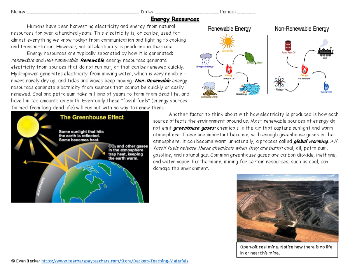 Energy Resources Worksheet-1 - Energy Resources Humans have been ...