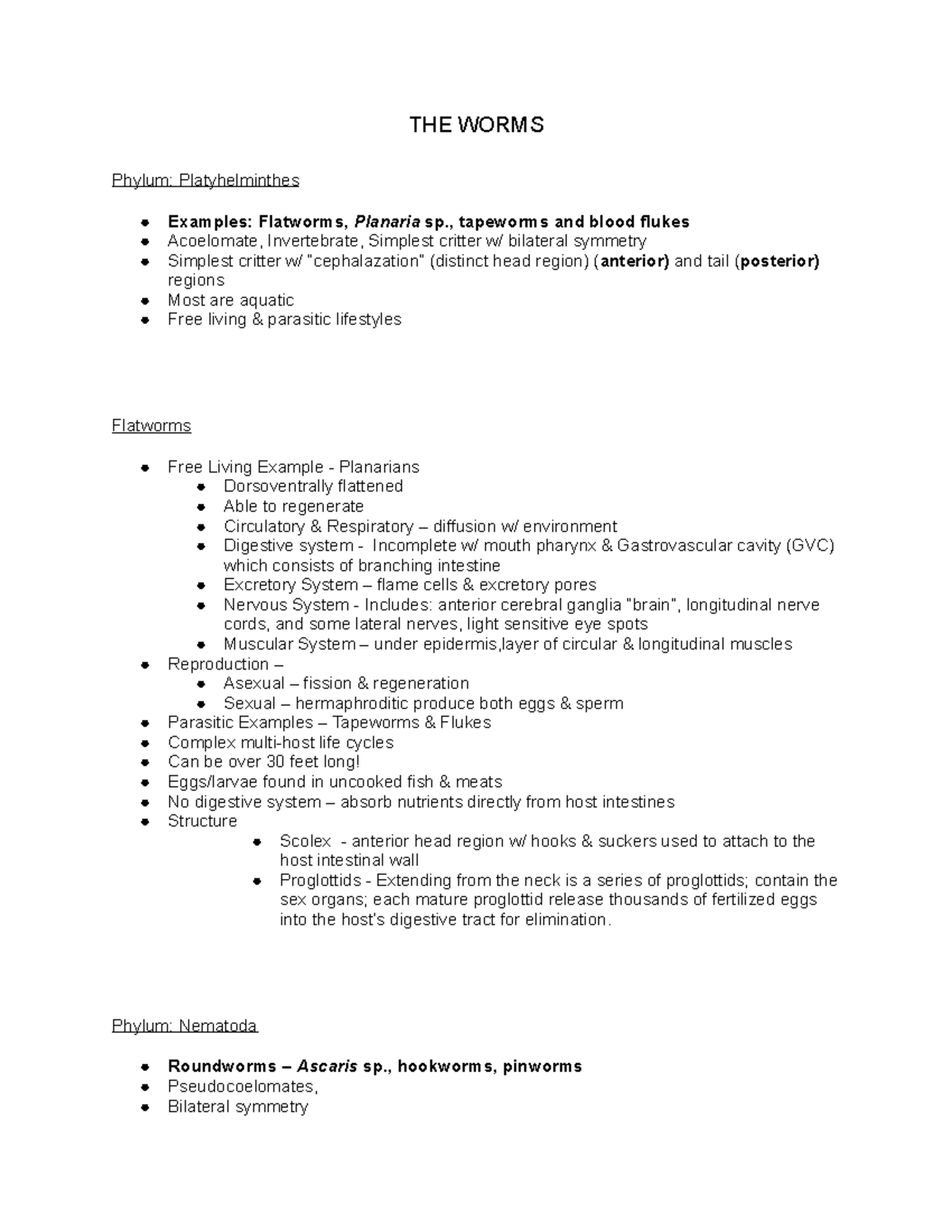Life Science Notes 10 Part 2 The Worms - THE WORMS Phylum ...