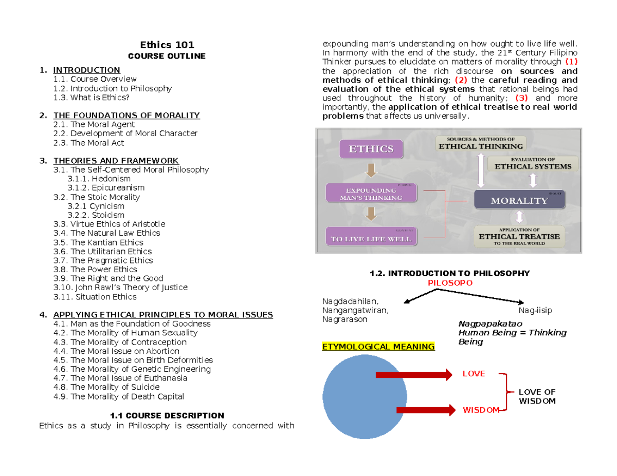 ETH 101 - n/a - Ethics 101 COURSE OUTLINE 1. INTRODUCTION 1. Course ...