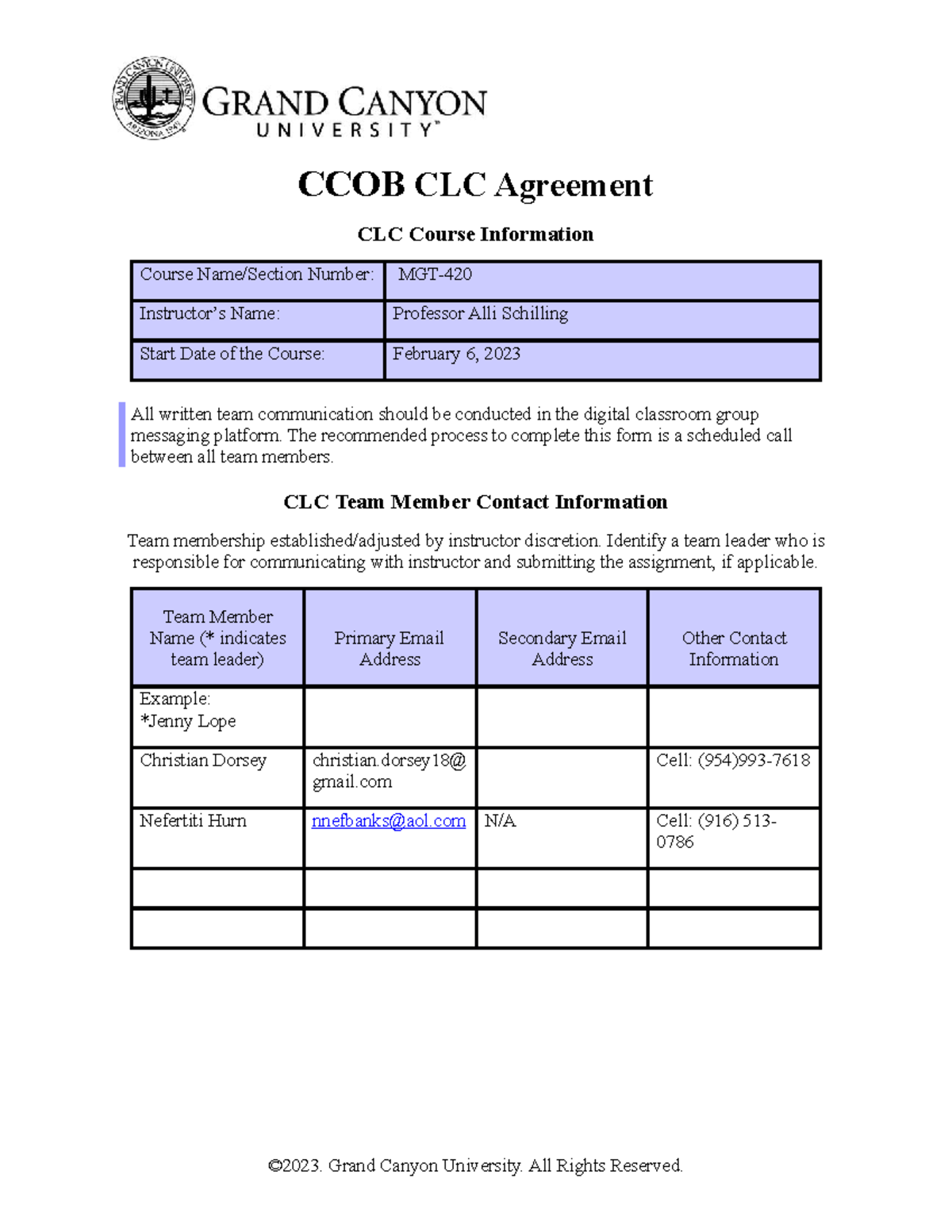 CCOB-CLC-Agreement-Form - CCOB CLC Agreement CLC Course Information Course Name/Section Number ...
