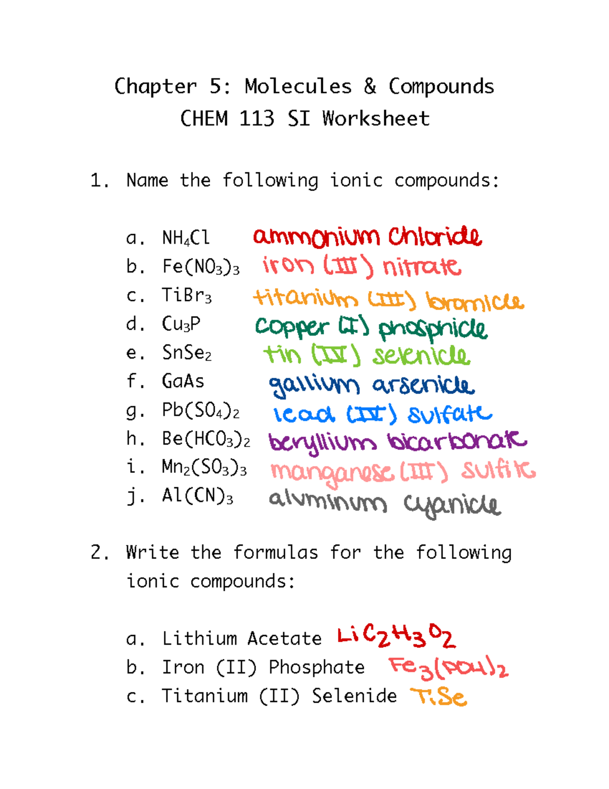 CHEM 113 Ch. 5 WS Key - N/A - Chapter 5: Molecules & Compounds CHEM 113 SI Worksheet ####### 1 ...