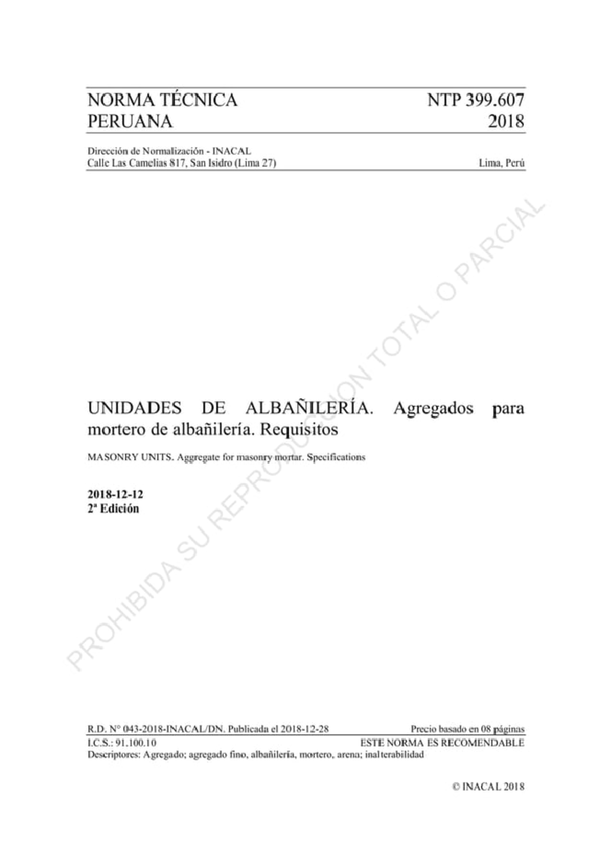 NTP 399.607 (2018 ) agr. Mortero - TECNOLOGÍA DE MATERIALES - Studocu