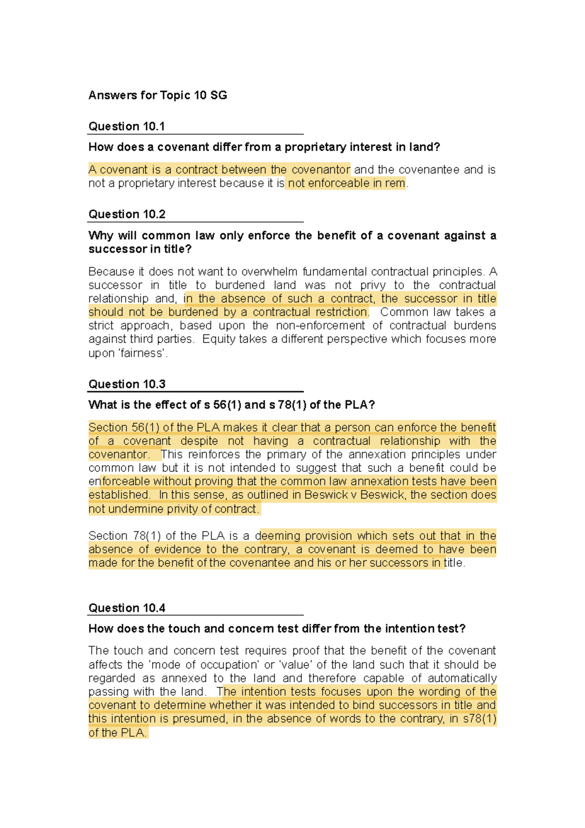 Answers for Topic 10 - How does a covenant differ from a proprietary ...