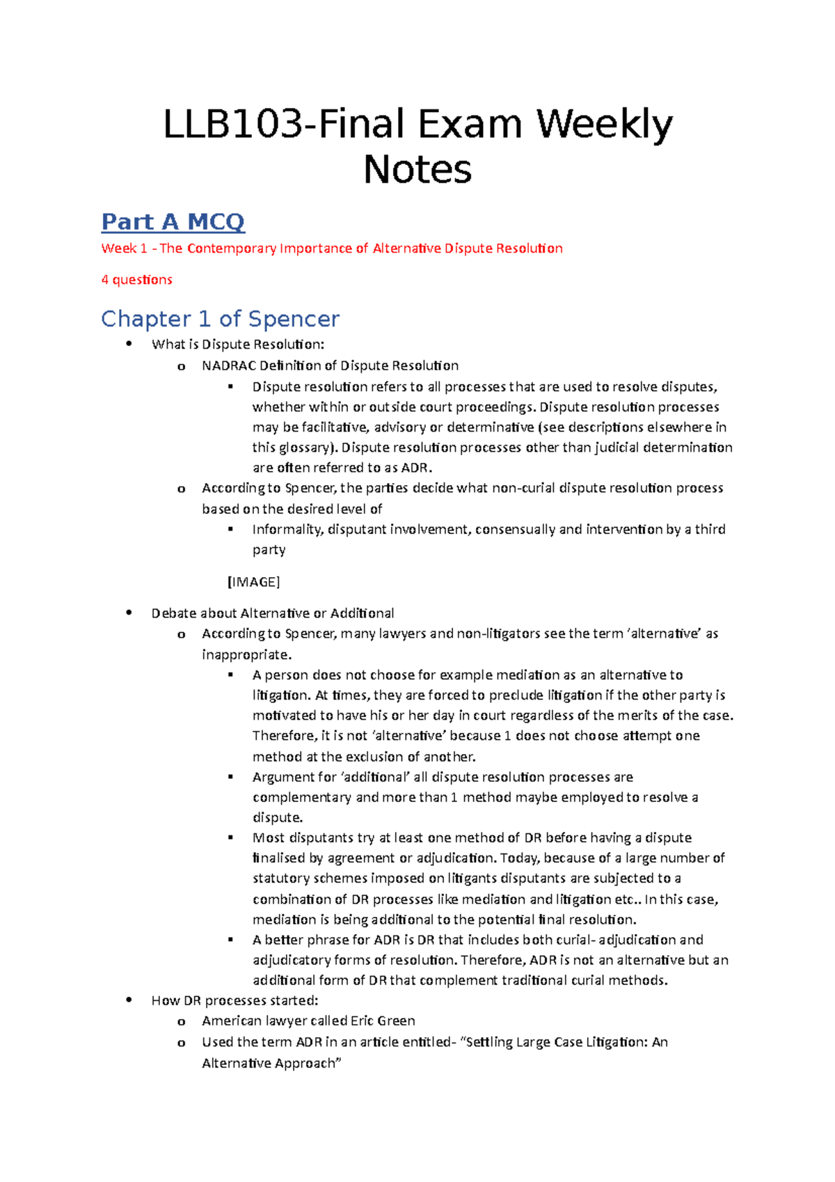 Weekly Summary Notes - LLB103-Final Exam Weekly Notes Part A MCQ Week 1 ...