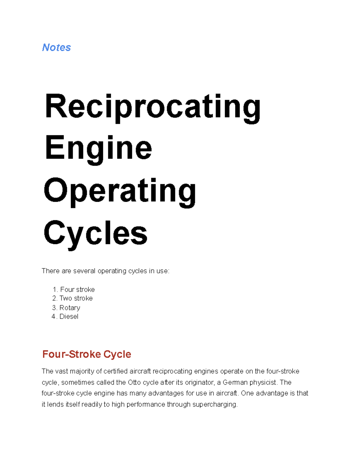 115 - NOTES - Notes Reciprocating Engine Operating Cycles There are ...