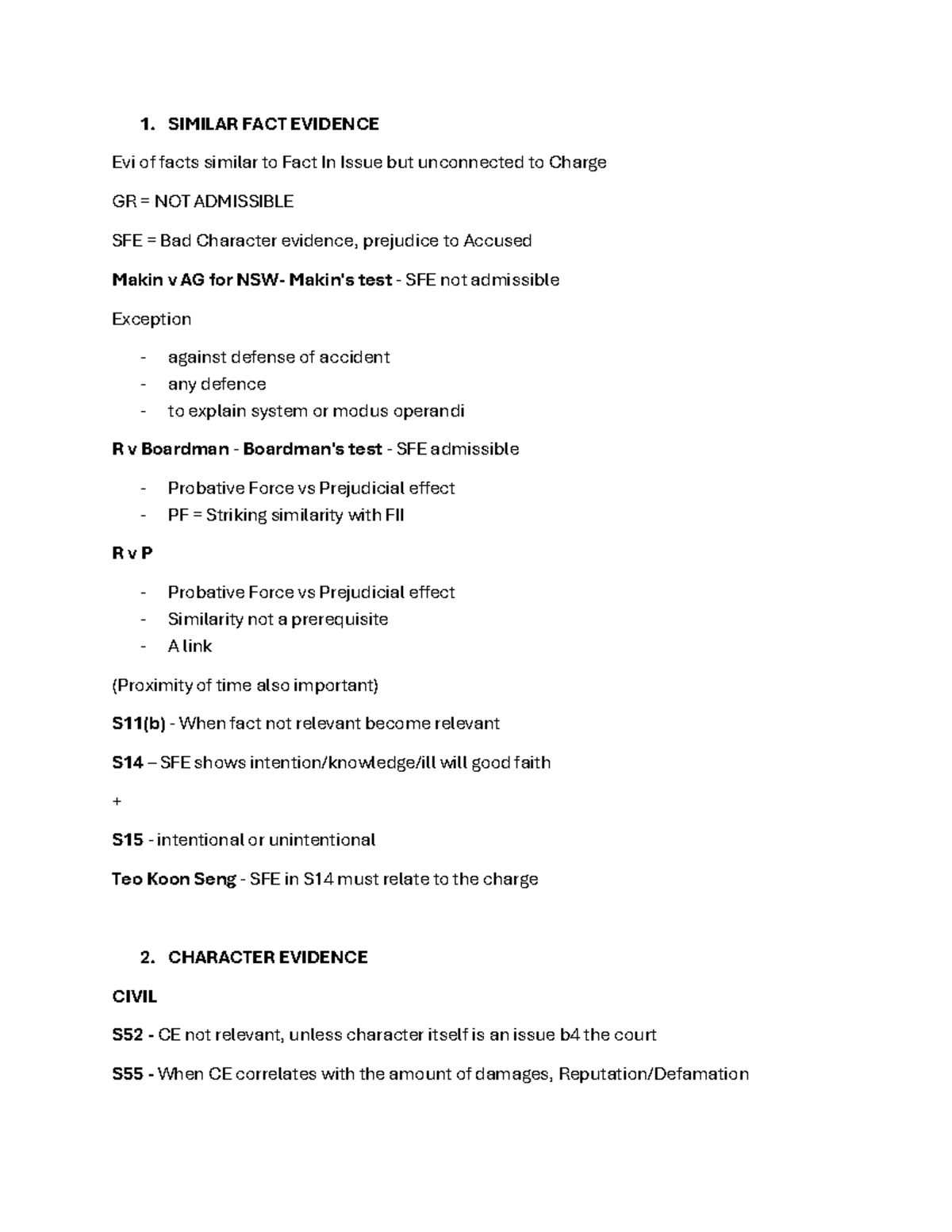 Law of Evidence II simple notes - 1. SIMILAR FACT EVIDENCE Evi of facts ...