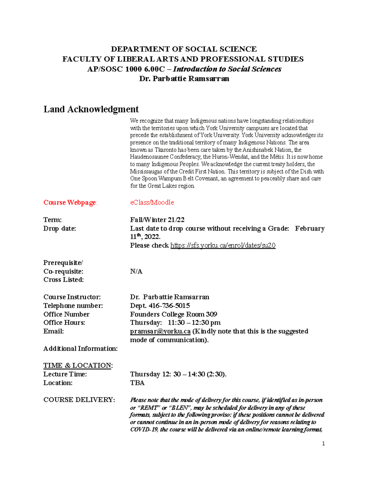 Introduction To Social Science Syllabus DEPARTMENT OF SOCIAL SCIENCE