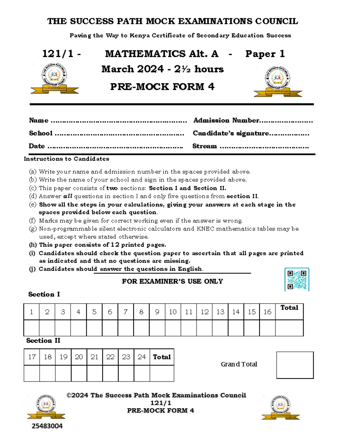 Maths PP1 QS PRE-MOCK 2024 Corrected - 121/1 - MATHEMATICS Alt. A ...